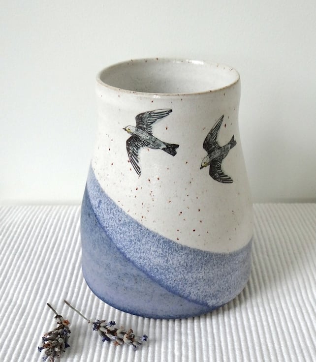 Ceramic vase in blue and white with flying bird... - Folksy