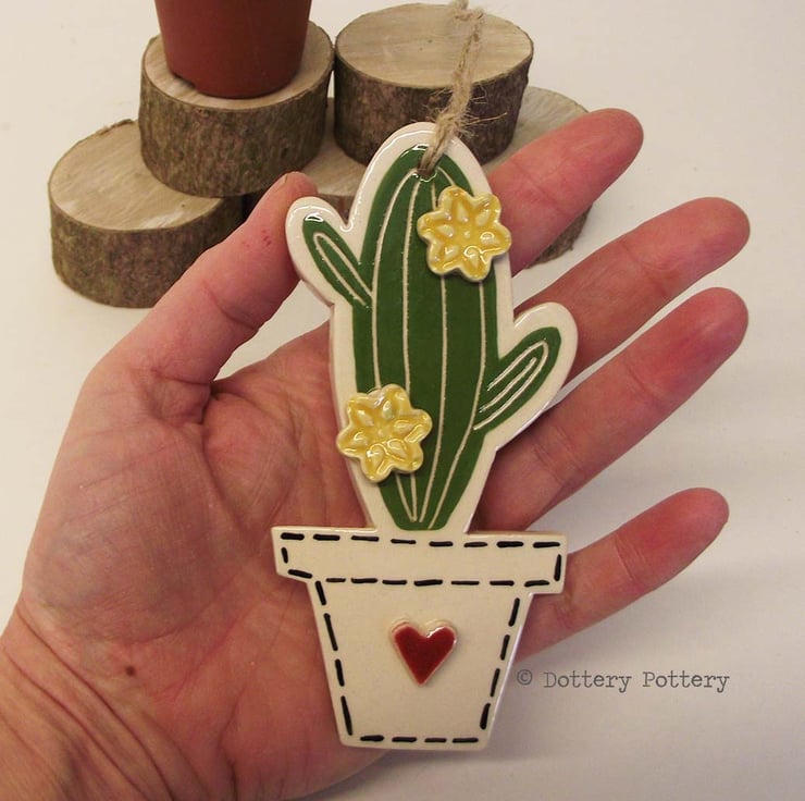 Pottery Cactus Ceramic hanging decoration. Illu... - Folksy
