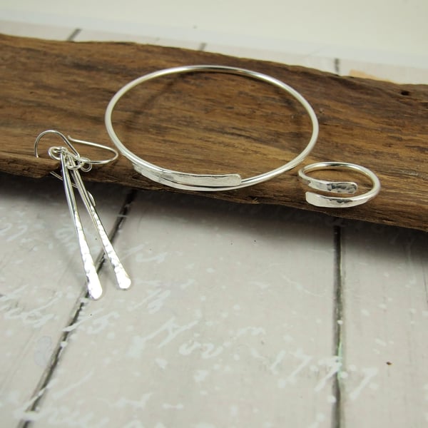 Silver Simple Hammered Jewellery Set. Bangle, E... - Folksy