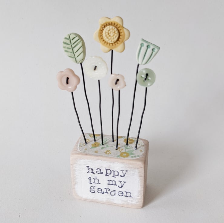 Button and Clay Flower Garden in a Floral Block... - Folksy