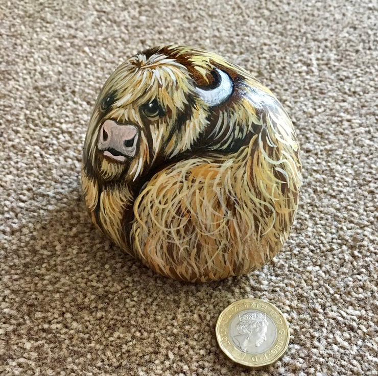 Highland cow painted pebble wildlife animal roc... - Folksy