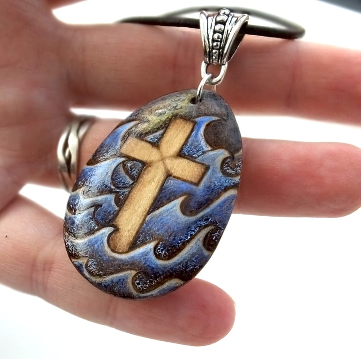 Pyrography Christian cross in a turbulent sea. ... - Folksy
