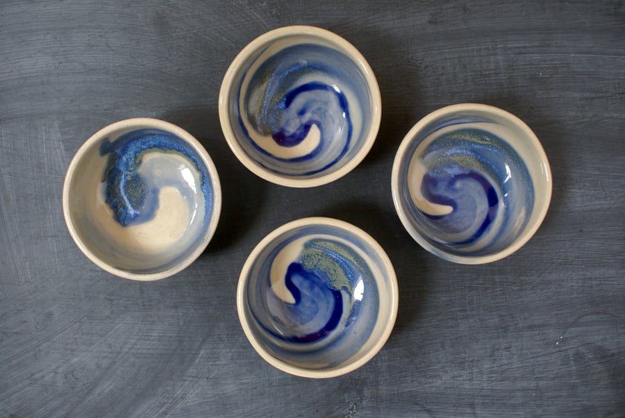 Handmade Stoneware Tapas Bowls with blue wave s... - Folksy