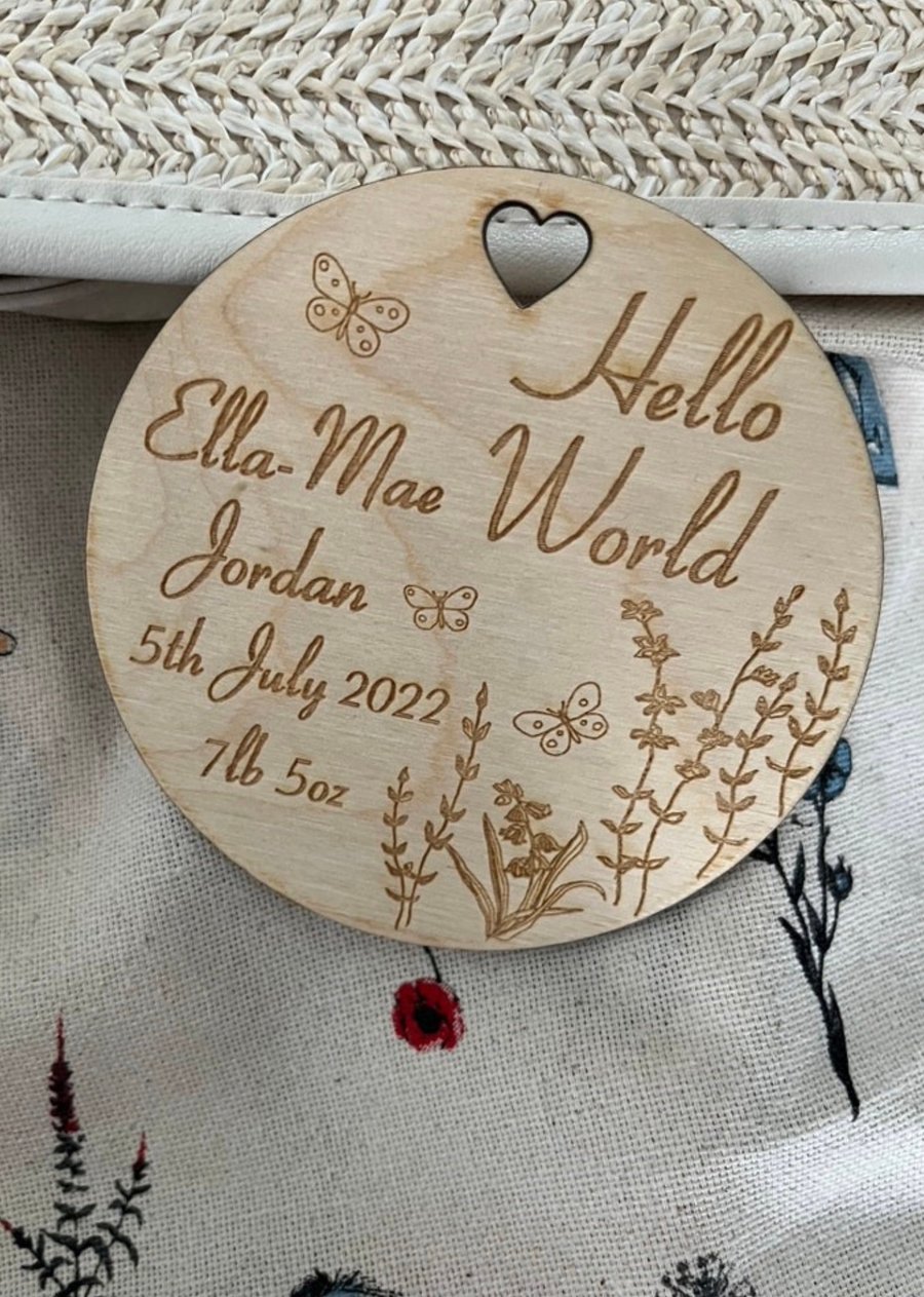 Baby announcement engraved disc spring flowers,... - Folksy