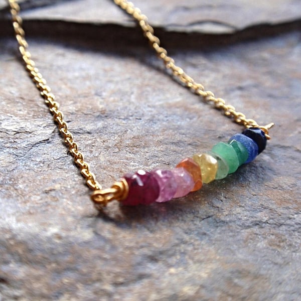 Rainbow gemstone necklace with gold filled chai... - Folksy