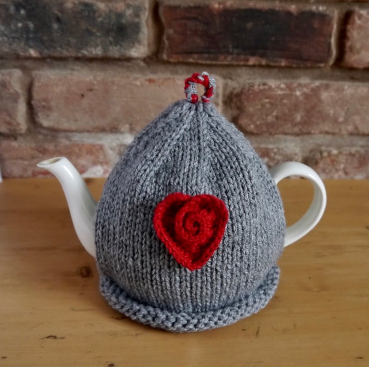 Large Grey Tea Cosy With Red Rose Heart - Folksy