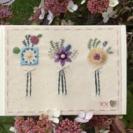 Three Little Posies hand embroidered card - Folksy