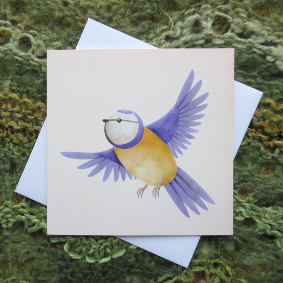 'Blue tit flying' greetings card - Folksy