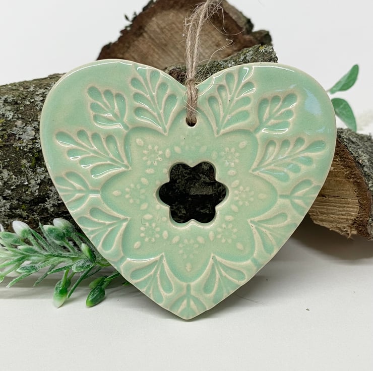Ceramic heart hanging decoration Pottery heart ... - Folksy