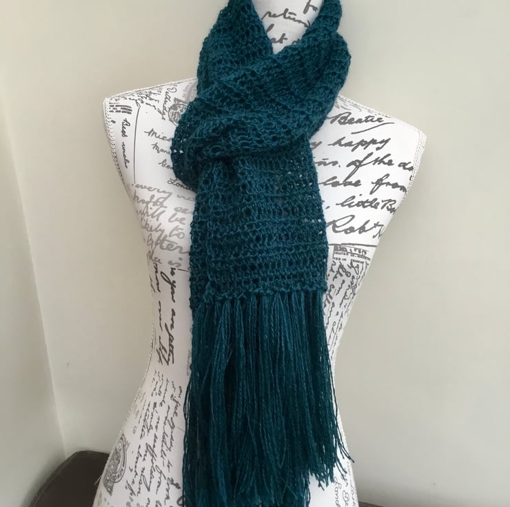 Teal Green Long Crocheted Scarf with Fringe Det... - Folksy