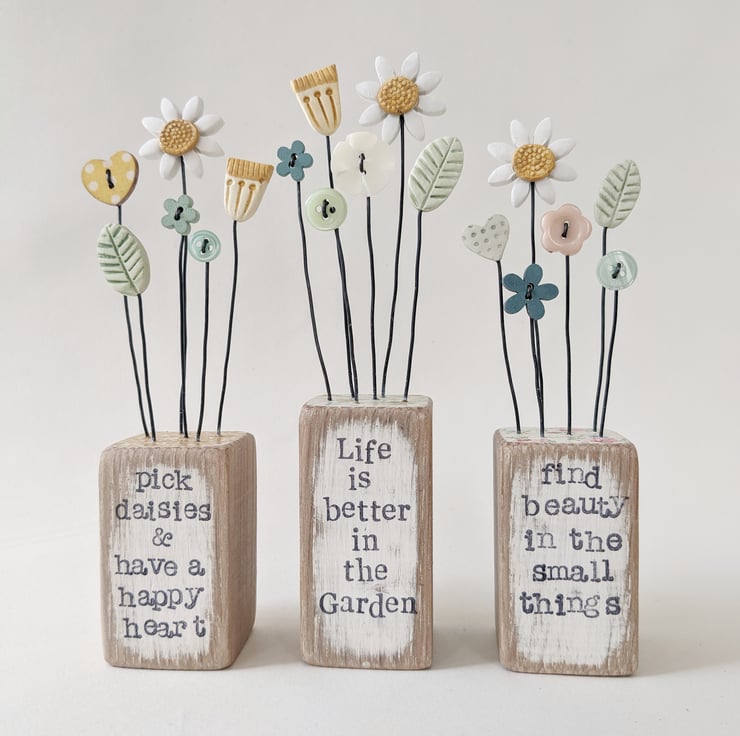 Clay and Button Flower Garden in a Wood Block '... - Folksy