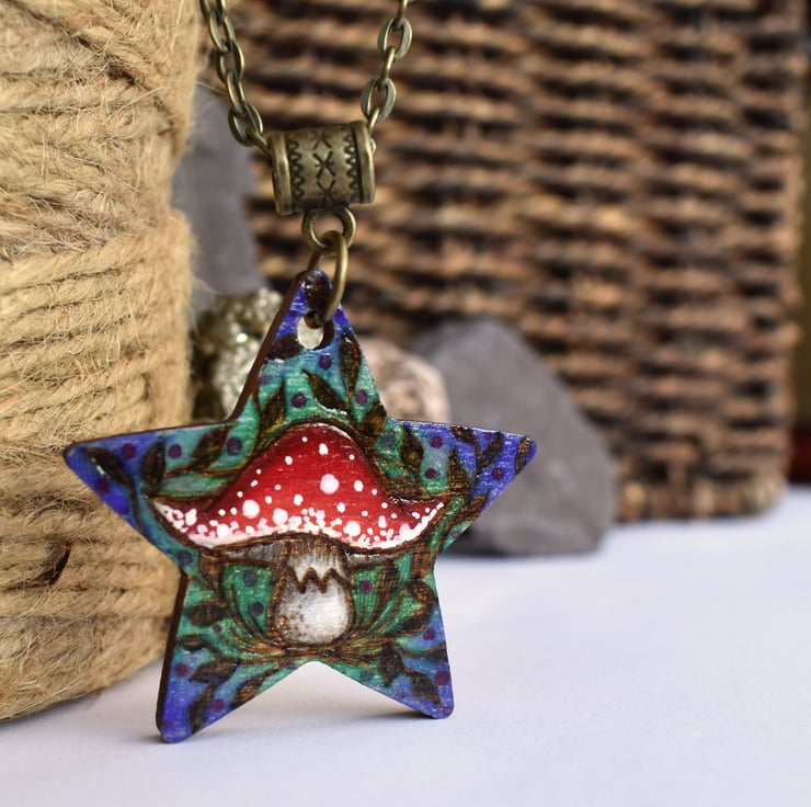 A shroom star. Pyrography toadstool pendant, fl... - Folksy
