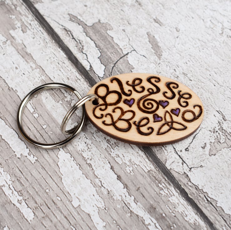 Blessed Be. Pyrography personalised keyring. - Folksy