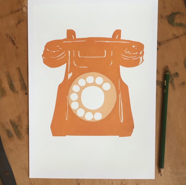 Orange Retro Telephone - Handmade Silkscreen Print - Folksy