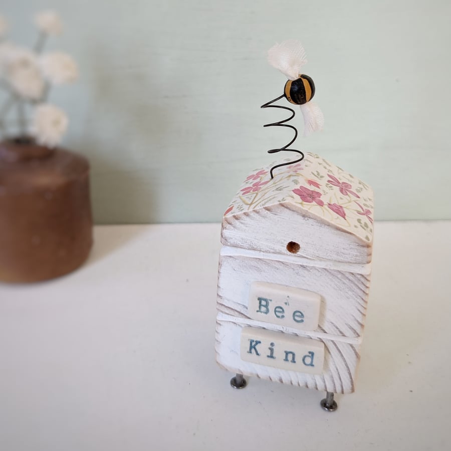 Wooden Beehive With Little Clay Bee 'Bee Kind' - Folksy