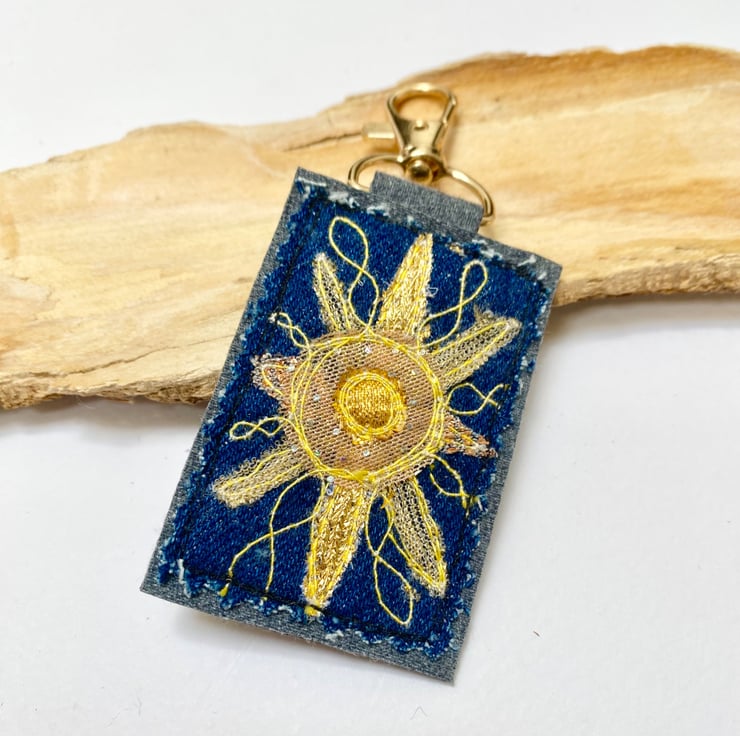 Up-cycled golden denim Sun key ring or bag charm. - Folksy