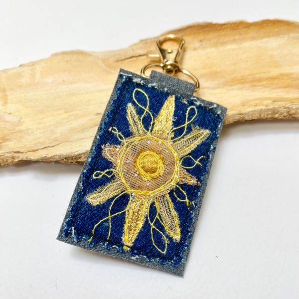 Up-cycled golden denim Sun key ring or bag charm. - Folksy