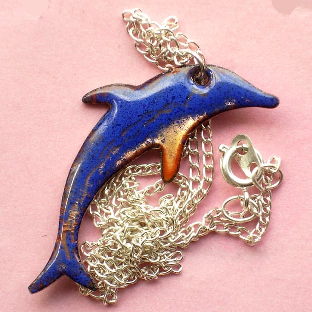 blue and golden-brown dolphin pendant - Folksy