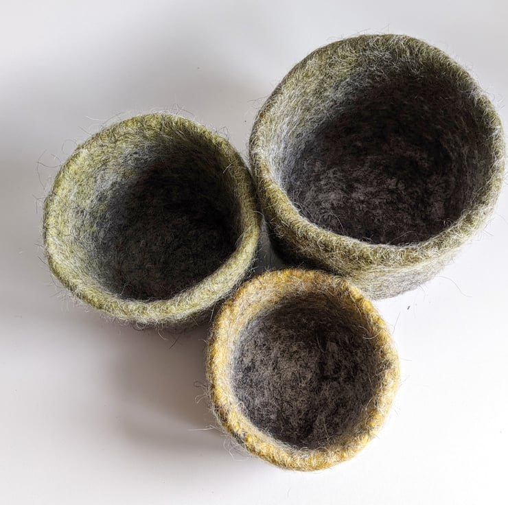 Trio of nesting wool felt pots - light grey and... - Folksy