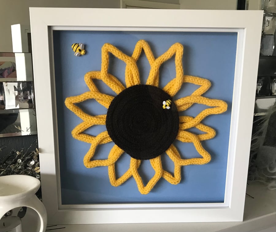 Sunflower with bees knitted wire wall art - Folksy