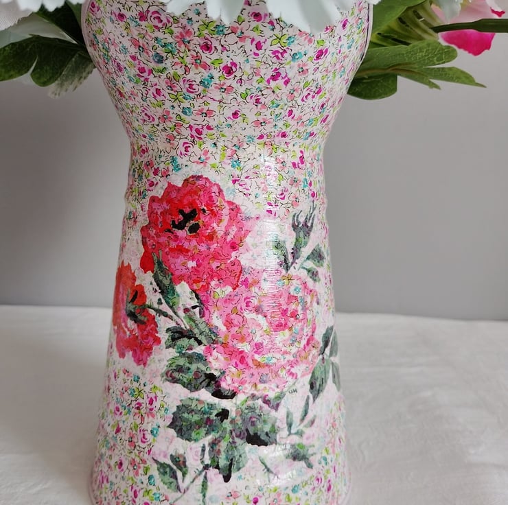 Metal Pitcher with Pink Rose Design & Artif... - Folksy