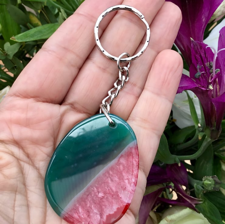 Watermelon Agate Oval Gemstone Keyring or Handb... - Folksy