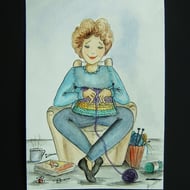 cartoon knitting lady original art painting 7x5... - Folksy