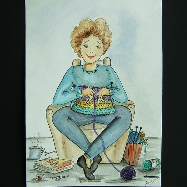 cartoon knitting lady original art painting 7x5... - Folksy