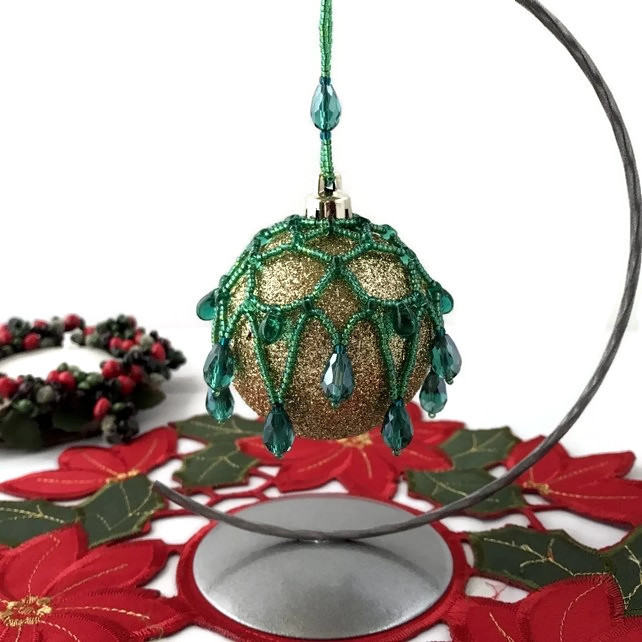 Green, Crystal & Gold Glitter Beaded Bauble - Folksy