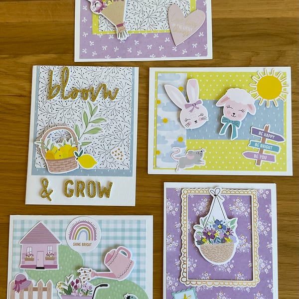 Cards. Set of five handmade decoupage cards gre... - Folksy