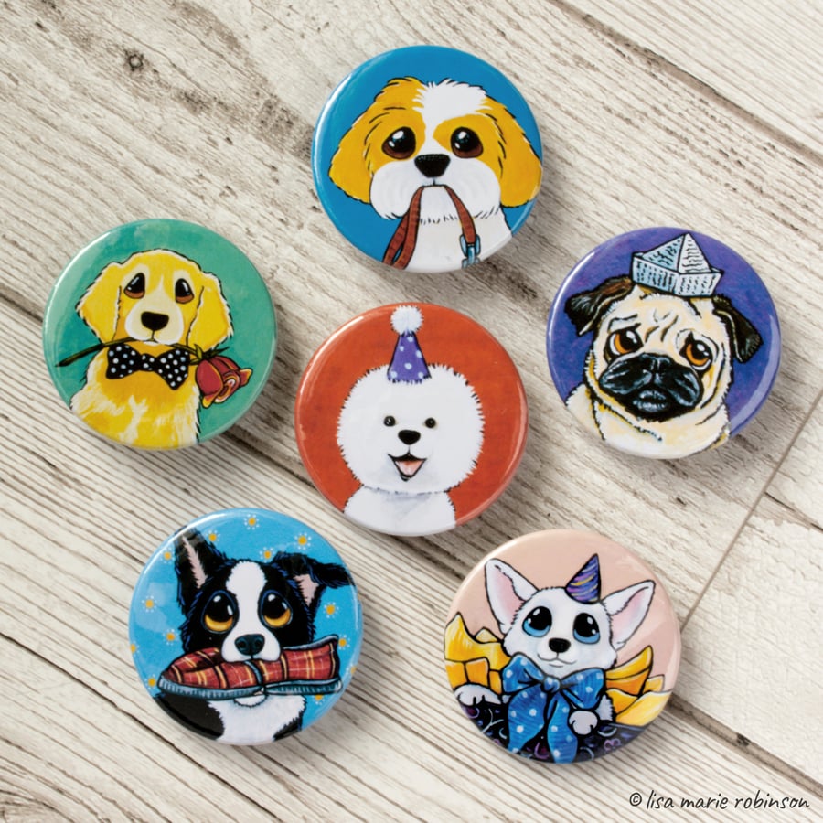 Assorted Dogs 38mm Button Badges - 6 Pack - Folksy
