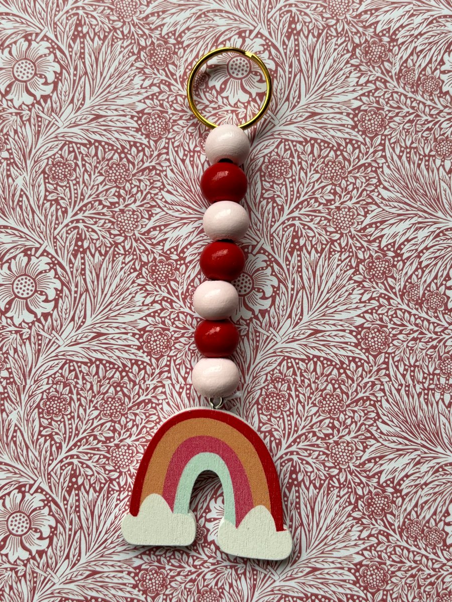 Pink and red wooden beaded rainbow keyring - Folksy
