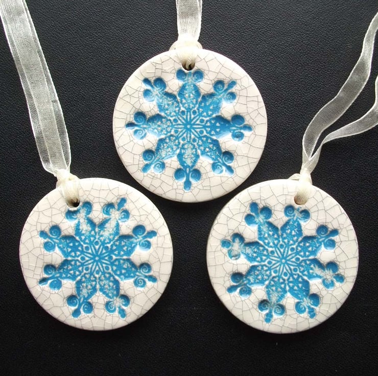 SALE blue crackle ceramic snowflake decorations - Folksy