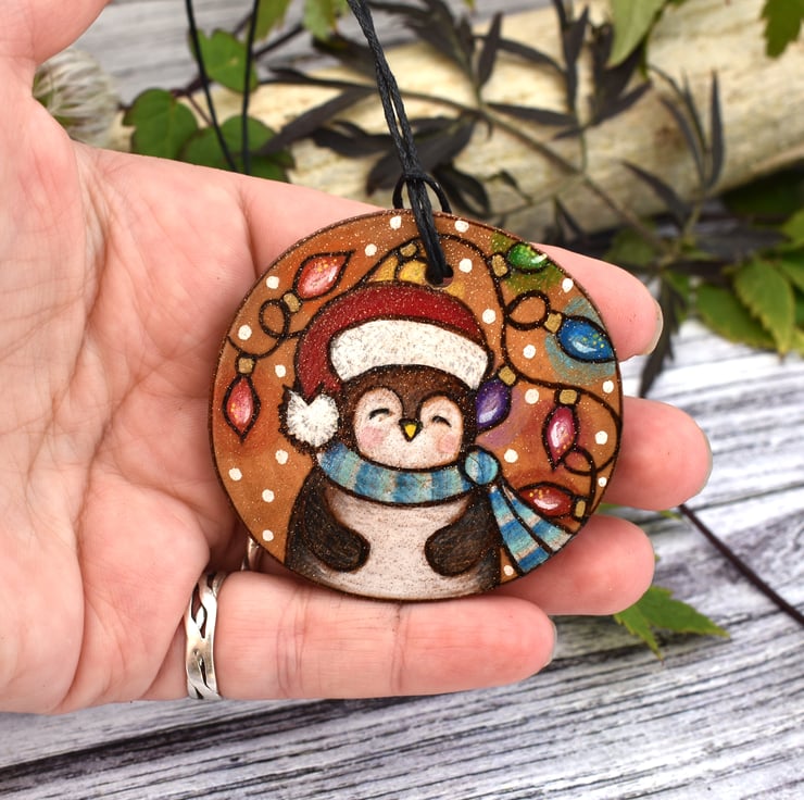 Festive Penguin hanging disc. Pyrography cute p... - Folksy