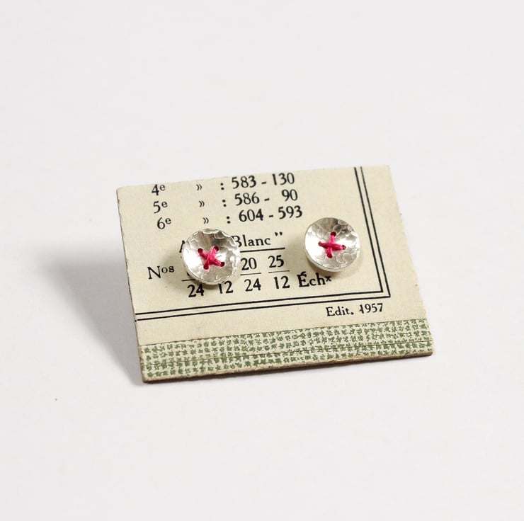 Silver button earrings, stitched, button earrings - Folksy