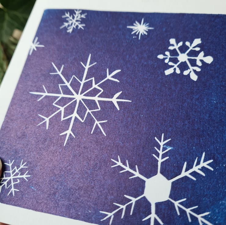 Blue snowflake christmas card handprinted linocut - Folksy