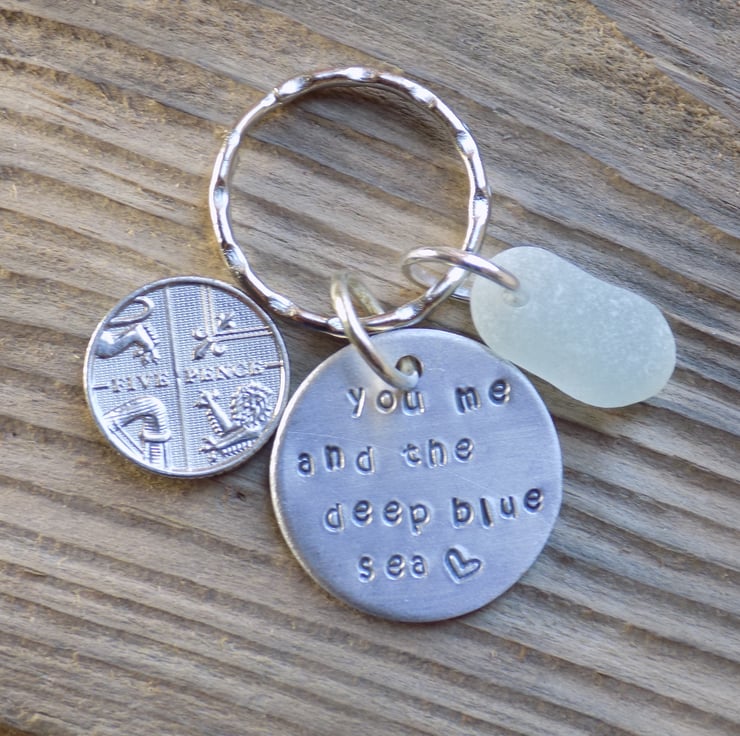 Sea glass and aluminium, stamped keyring - Folksy