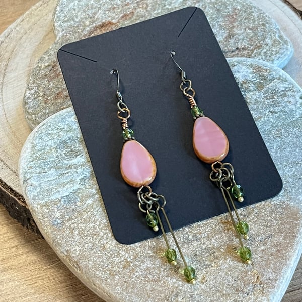Bohemian teardrop earrings in rose pink and eme... - Folksy