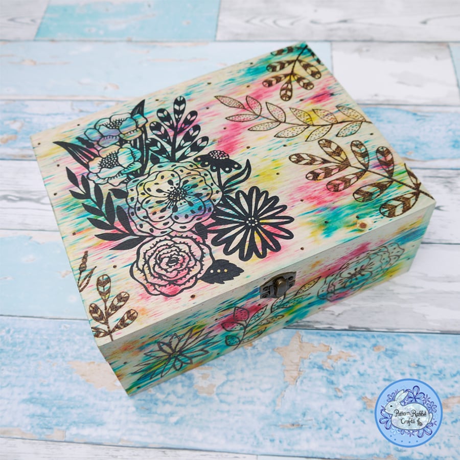 Screen Print Floral Wooden Pyrography Box - Folksy