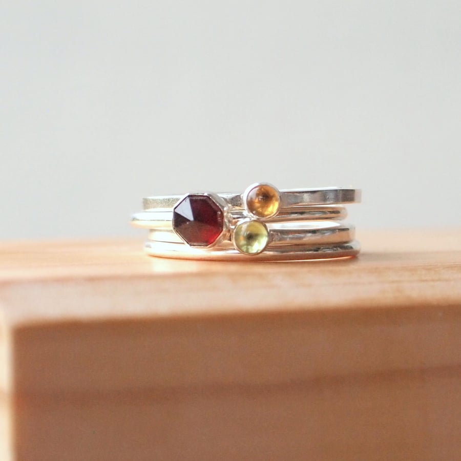 Stacking Ring Set with Garnet, Peridot and Citr... - Folksy