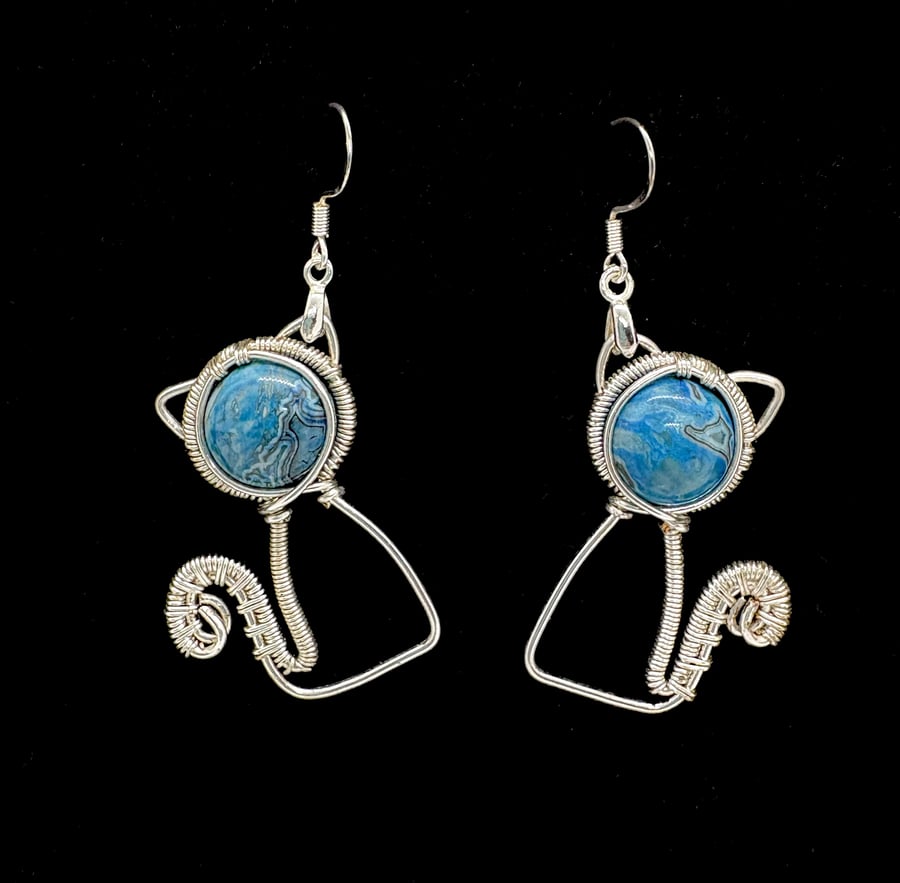 Silver wire wrapped Cat earrings with Jasper stone - Folksy
