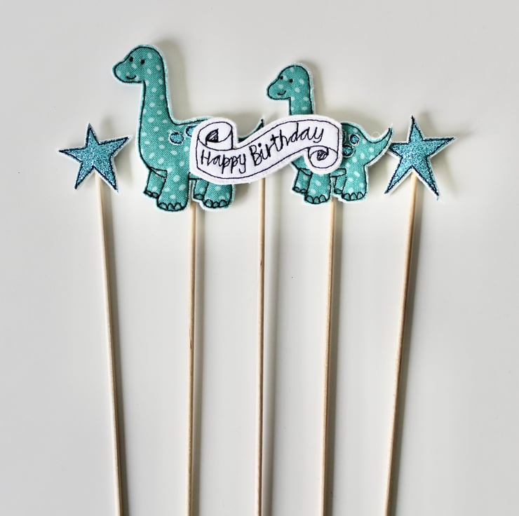 'Happy Birthday' Dinosaur and Stars - Cake Toppers - Folksy