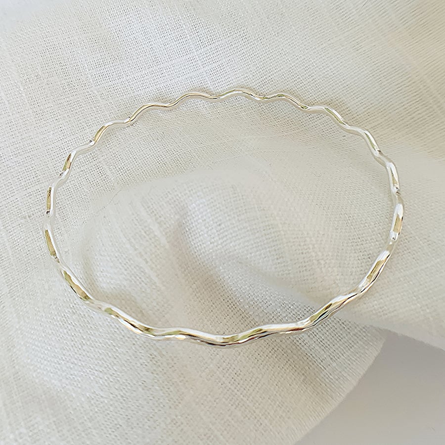 Eco sterling silver bangle - hammered wave design - Folksy