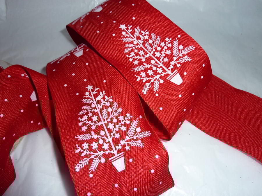 1 Metre Wire Edged Ribbon 63mm White Xmas Tree Red - Folksy