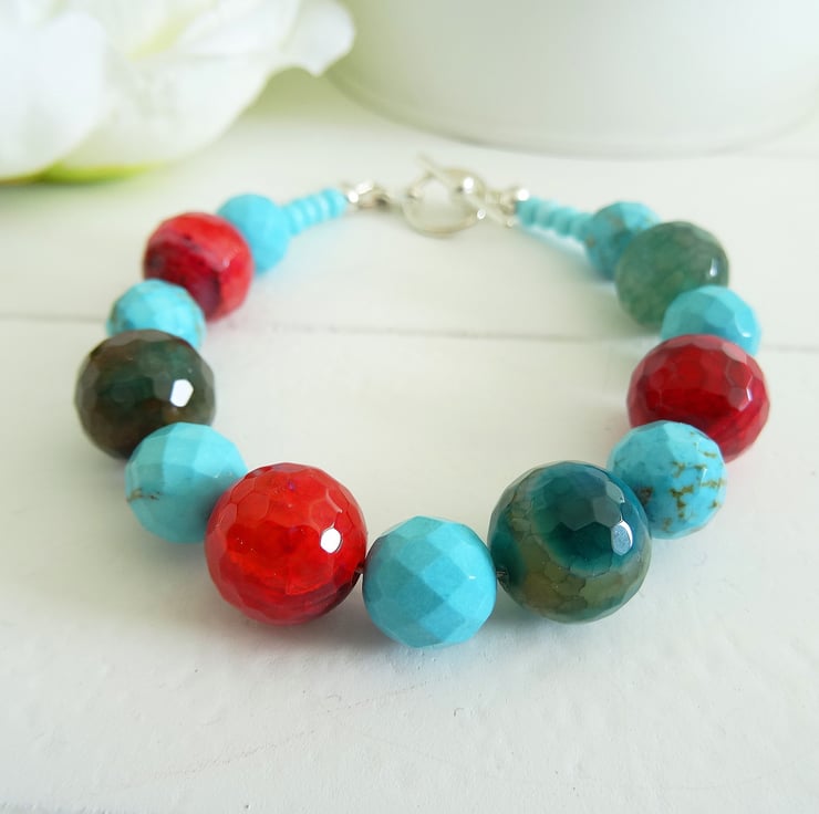 Faceted Agate and Turquoise Bracelet, Agate Bra... - Folksy
