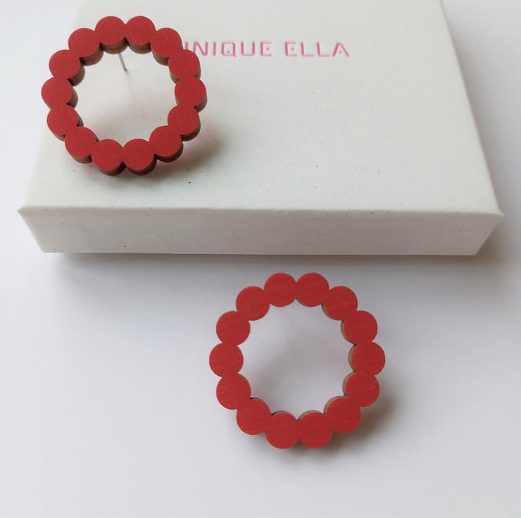 Sara Loop Stud Earrings Red Sustainable Gift - Folksy