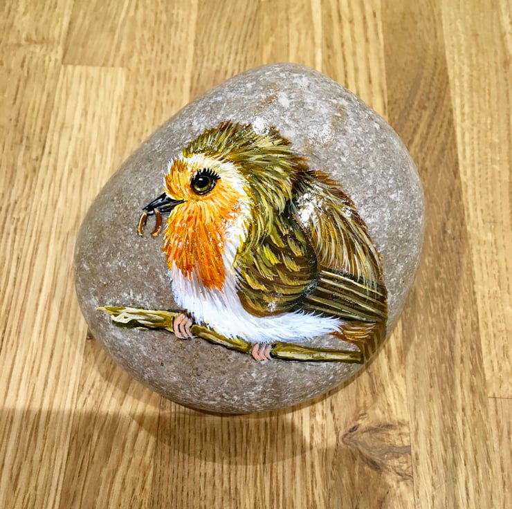 Robin hand painted pebble garden rock art bird ... - Folksy