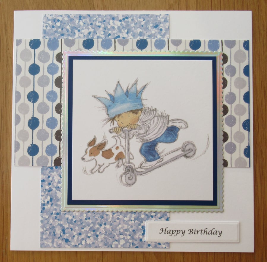 Scooter Race - 7x7" Birthday Card - Blue - Folksy