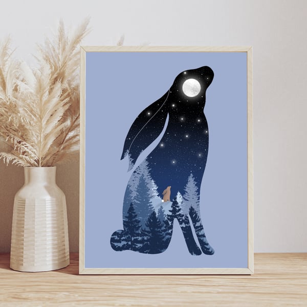 A4 Moon Gazing Hare Art, Mystical Hare Pagan Ar... - Folksy