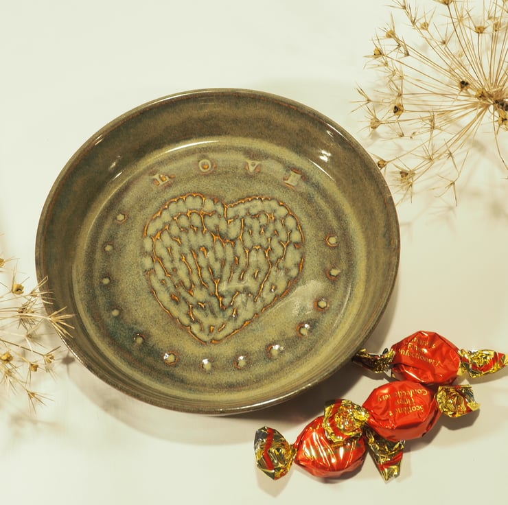 Ceramic love heart dish brown green - Folksy